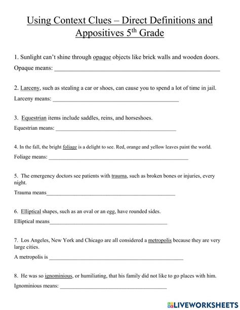 5th Grade Context Clues Online Exercise For Live Worksheets