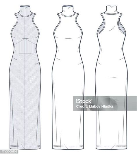 저지 드레스 테크니컬 패션 일러스트레이션 세트 니트 맥시 드레스 패션 플랫 기술 도면 템플릿 슬림 핏 늑골 롤 넥 앞뒤보기 흰색 여성 Cad 모형 세트 0명에 대한 스톡