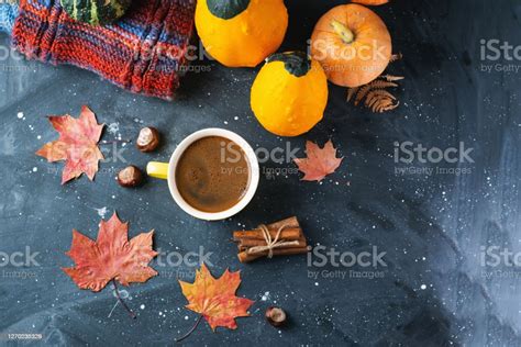 가을 호박 잎 따뜻한 니트 스카프와 계피와 테이블에 향기로운 커피 또는 핫 초콜릿의 노란색 찻잔 복사 공간 10월에 대한 스톡 사진 및 기타 이미지 Istock