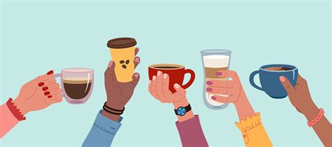 커피 에스프레소 또는 카푸치노 한 잔을 들고 있는 다양한 손들 아침 뜨거운 음료 커피 브레이크 커피잔에 대한 스톡 벡터 아트 및 기타 이미지 Istock