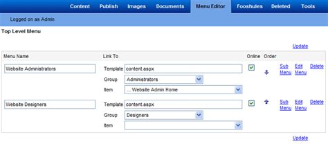 Website Administrator Top Level Menu