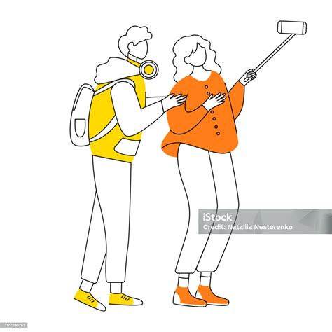 젊은 부부는 셀카 플랫 윤곽 벡터 그림을 만드는 흰색에 사진 고립 만화 개요 문자를 복용 두 십대 친구 여자 친구와 남자 친구 청소년 라이프 스타일 간단한 그림 가공의