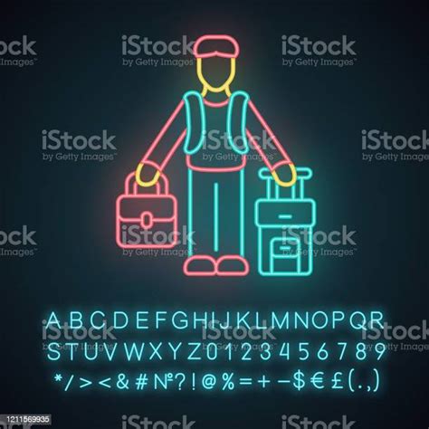 이민자 남자 네온 빛 아이콘입니다 여행 가방과 배낭 난민 해외 여행 솔로 여행 관광 이민 알파벳 숫자 및 기호와 빛나는 기호 벡터 절연 그림 계산기에 대한 스톡 벡터 아트