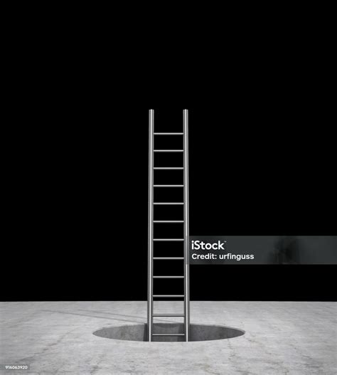 구멍에서 나온다 하 고 검은색 바탕에 상단에 이르게 하는 사다리 3 차원 일러스트 레이 션 구멍에 대한 스톡 사진 및 기타