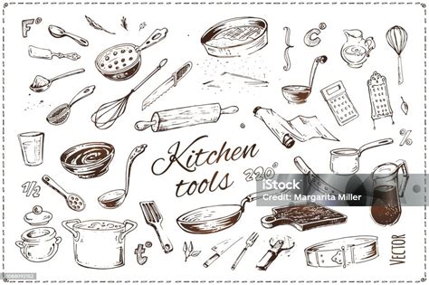 손으로 그린 주방 벡터 아이콘 설정합니다 고립 된 부엌 도구와 요리 메뉴 디자인 및 제조 법도 서의 요소 밑그림 빈티지 스타일 일러스트 오븐에 굽기에 대한 스톡 벡터 아트