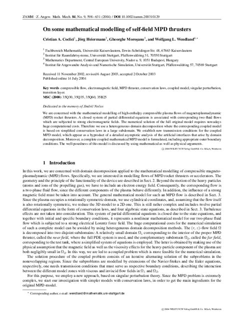 Pdf On Some Mathematical Modelling Of Self Field Mpd Thrusters