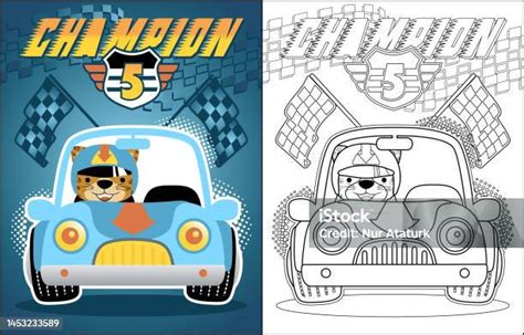 호랑이 레이서 색칠 공부 책 또는 페이지와 경주 자동차의 벡터 만화 Championship에 대한 스톡 벡터 아트 및 기타 이미지 Championship 경쟁 경주용