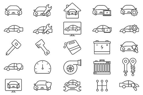 자동차 서비스 설정 아이콘입니다 유지 보수 수리 서비스와 관련된 아이콘 윤곽선 아이콘 스타일 간단한 벡터 디자인 편집 가능 기계 부분에 대한 스톡 벡터 아트 및 기타 이미지