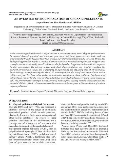 Pdf An Overview Of Biodegradation Of Organic Pollutants