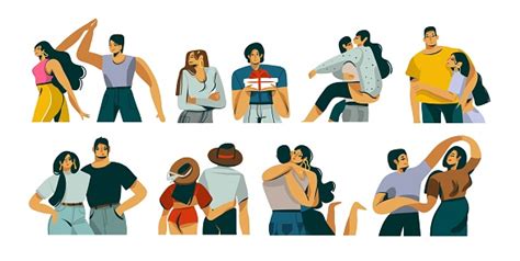 손으로 그린 벡터 스톡 추상 그래픽 발렌타인 데이 플랫 일러스트와 젊은 로맨틱 커플 함께 컬렉션 세트 번들 흰색 배경에 고립