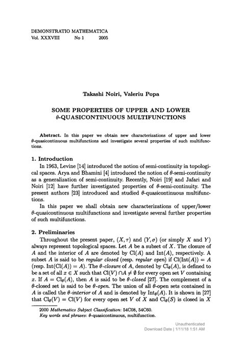 Pdf Some Properties Of Upper And Lower θ Quasicontinuous Multifunctions