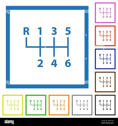 Six Speed Manual Gear Shift Flat Color Icons In Square Frames On White Background Stock Vector