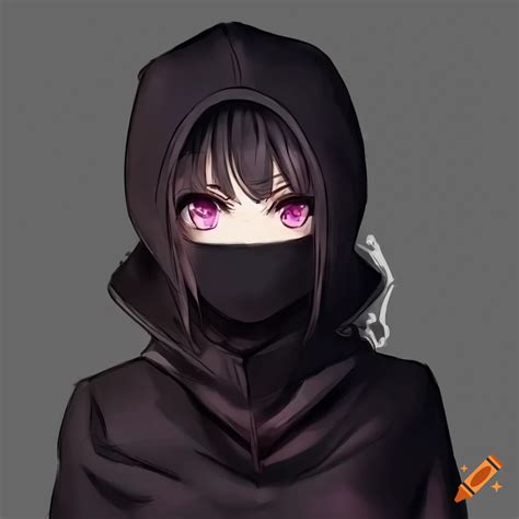 Girl With Black Hood Hoodie And Balaclava Mask In Anime Style