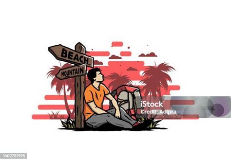 ชายนั่งบนพื้นข้างป้ายบอกทางชายหาดและภาพประกอบภูเขา ภาพประกอบสต็อก ดาวน์โหลดรูปภาพตอนนี้