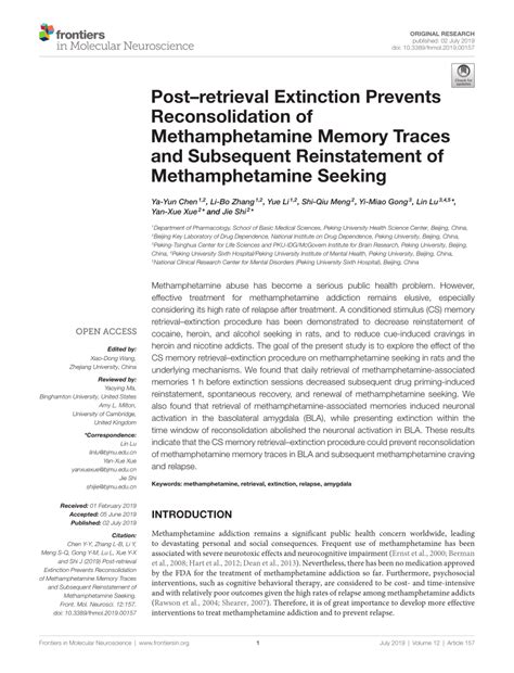 Pdf Post Retrieval Extinction Prevents Reconsolidation Of Methamphetamine Memory Traces And