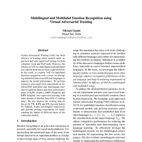 Multilingual And Multilabel Emotion Recognition Using Virtual Adversarial Training Acl Anthology