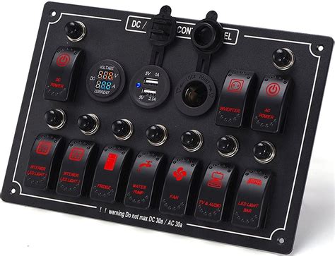 10 Gang AC DC Marine Rocker Switch Panel With Fuse Dual USB Charger Socket LED Voltmeter Power