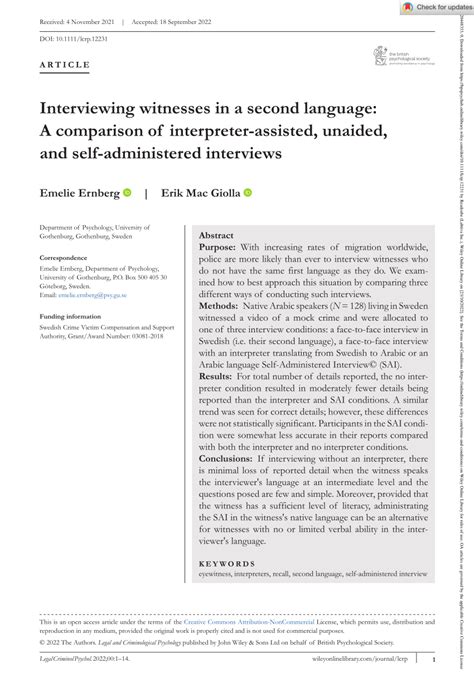 PDF Interviewing Witnesses In A Second Language A Comparison Of Interpreterassisted Unaided