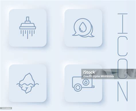 세트 라인 샤워 말풍선이 있는 물방울 빙산 및 모바일 물 탱크 흰색 사각형 버튼입니다 벡터 0명에 대한 스톡 벡터 아트 및 기타