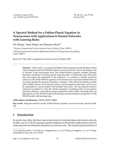 Global Science Press A Spectral Method For A Fokker Planck Equation In Neuroscience With