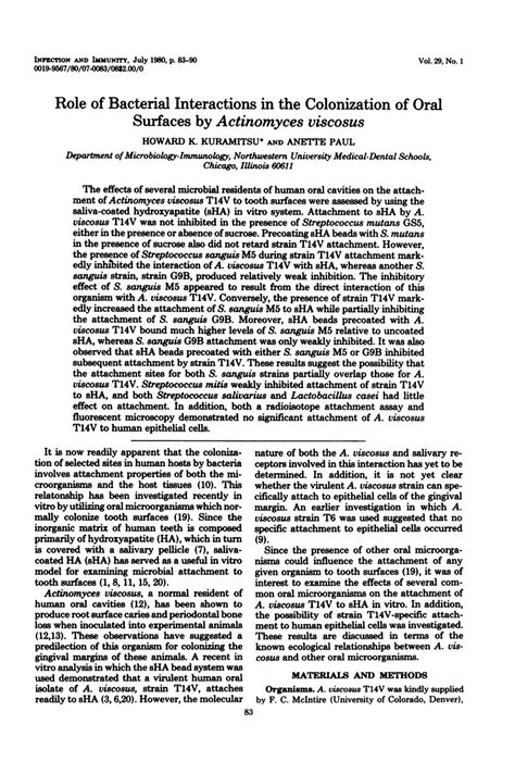 Role Of Bacterial Interactions In The Colonization Of Oral Surfaces By