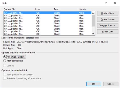 automatically updating graphs in word or powerpoint