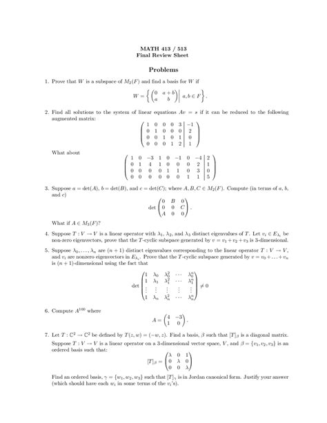 Final Exam Review Sheet Linear Algebra Math 413 Docsity
