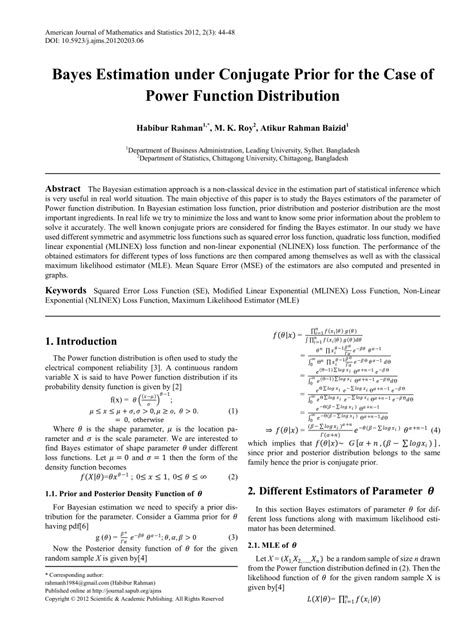 Pdf Bayes Estimation Under Conjugate Prior For The Case Of Power Function Distribution