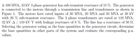 Solved A 100 Mva 33 Kv 3 Phase Generator Has Sub Transient