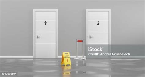 노란색 표지판이있는 여성과 남성을위한 공중 화장실 문 Wc 복도 전면 보기에서 젖은 미끄러운 바닥 회색 벽 화장실 입구 및 벨트 장벽 울타리가있는 현실적인 3d 내부 홀