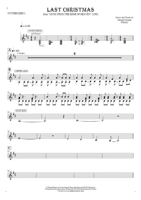 Last Christmas Notes For Synthesizer Synth Strings Synth Chiffer