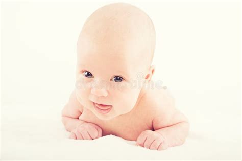 Happy Naked Newborn Baby On White Background Stock Photo Image Of Beauty Laughing