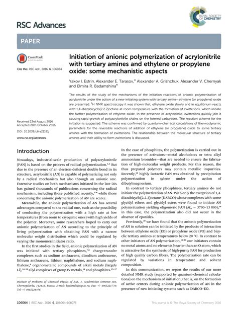 Pdf Initiation Of Anionic Polymerization Of Acrylonitrile With Tertiary Amines And Ethylene Or