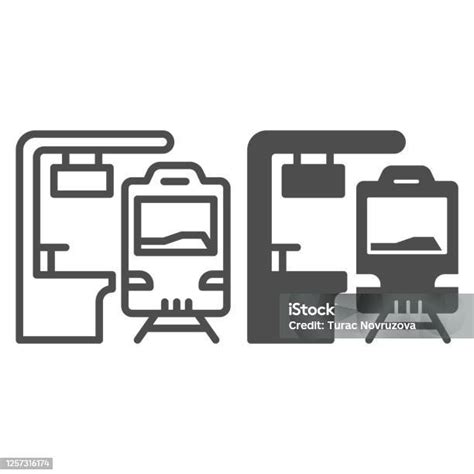 기차 정류장 라인과 단단한 아이콘 대중 교통 개념 흰색 배경에 전기 기차 정지 표지판 모바일 개념 및 웹 디자인을위한 윤곽 스타일의 기차역 아이콘 벡터 그래픽 아이콘에 대한