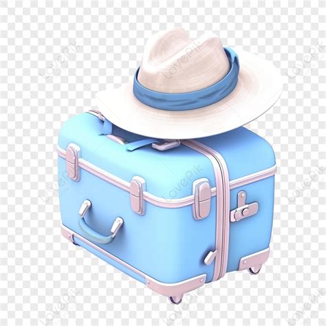 관광 광고를 위한 흰색 모자 3d 그림 여행 개념이 있는 파란색 가방 여행 수하물지구수송 Png 일러스트 무료 다운로드 Lovepik