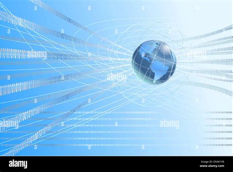 a dynamic 3d world map background with binary ones and zeros flowing round it stock vector image