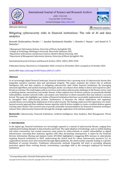 Pdf Mitigating Cybersecurity Risks In Financial Institutions The Role Of Ai And Data Analytics