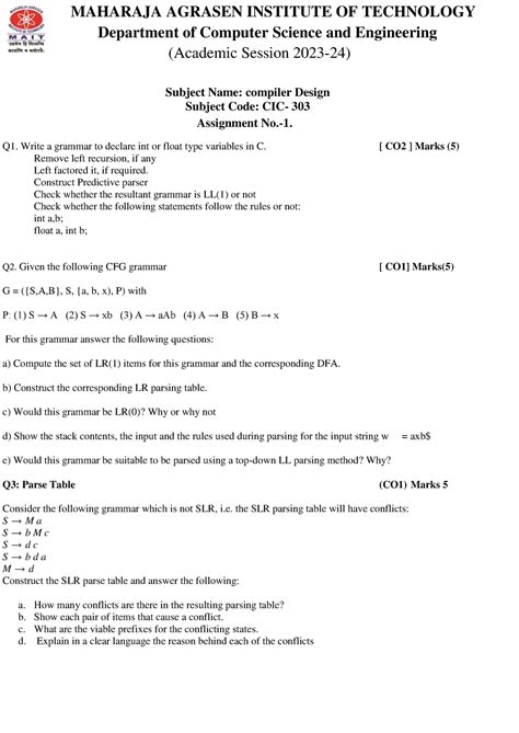 Cd Assignment 1 Maharaja Agrasen Institute Of Technology Department