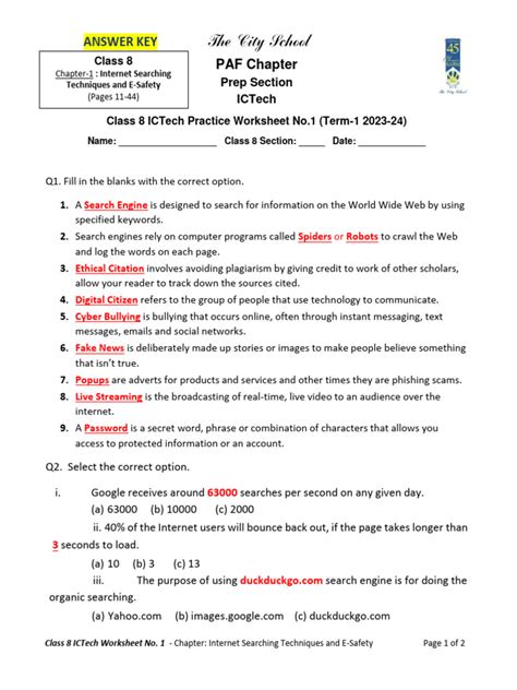 Ans Key Worksheet 1 Chapter 1 Ict Class 8 Pdf