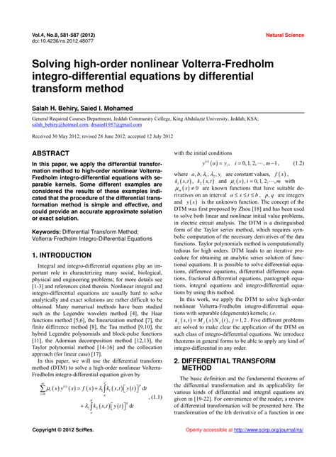 Pdf Solving High Order Nonlinear Volterra Fredholm Integro