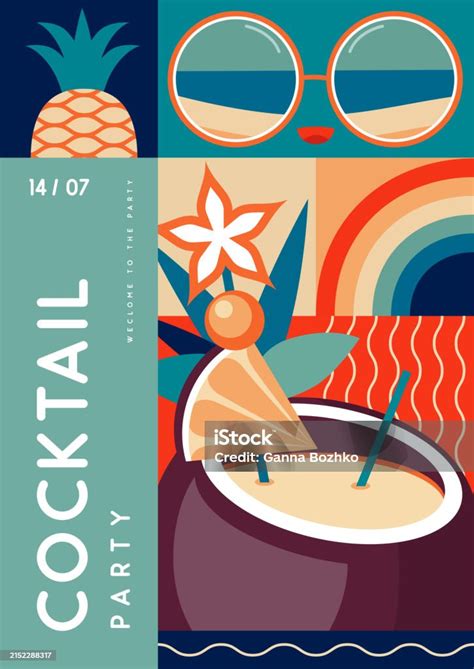복고풍 평면 여름 디스코 파티 포스터 와 여름 속성 와 피나 콜라다 칵테일 열대 과일 및 선글라스 벡터 일러스트 레이 션 개념에 대한 스톡 벡터 아트 및 기타 이미지
