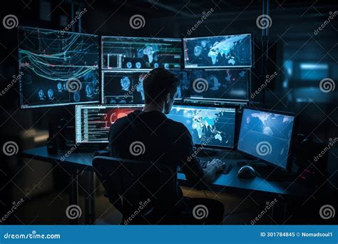 Hacker Sitting In Front Of Many Computer Screens Generative Ai Stock