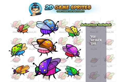 Flying Bugs 2d Game Sprites Set Sprite Game Character Bug Games