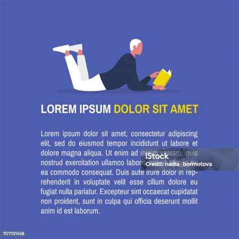로렘 입섬 템플릿 책을 읽는 젊은 남성 캐릭터 라이브러리 레이아웃 여기에 텍스트 플랫 편집 가능한 벡터 일러스트레이션 클립 아트 Lorem Ipsum에 대한 스톡 벡터 아트