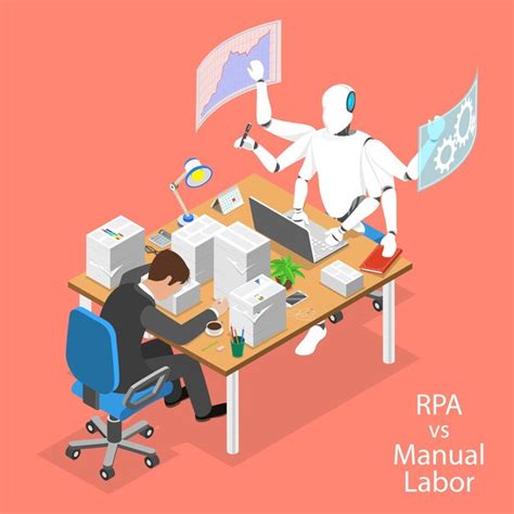 Rpa와 수동 노동 로봇 프로세스 자동화의 등각 투영 평면 벡터 개념 Rpa Ai 인공 지능 기계 학습 프리미엄 벡터