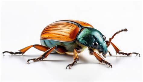 Close Up Of A Green And Orange Beetle With White Background Premium