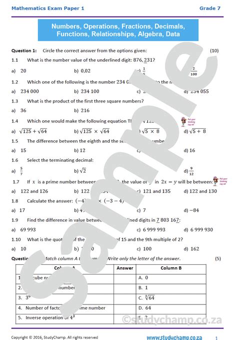 Grade 7 Mathematics Year End Exam Practice Paper 1