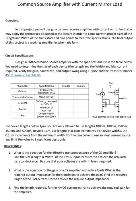Solved Common Source Amplifier With Current Mirror Load Chegg