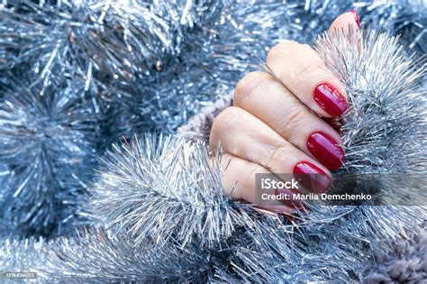 아름다운 광택 매니큐어와 회색 니트 스웨터에 여성 손 부르고뉴 어두운 빨간색 체리 색상 손톱은 복사 공간과 실버 크리스마스 틴셀 화환의 배경에 손톱 갈란드 장식품에 대한