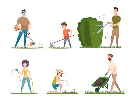 Premium Vector People Gardenning Characters Outdoor Cleaning Grass